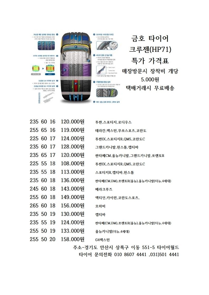 [판매]금호타이어 크루젠 KL33 HP71 안산 최저가... | 휠/타이어 | 중고나라