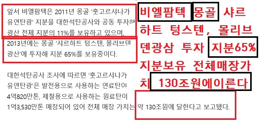 [단독] 130조 비엘팜텍 몽골 최대규모 몰리브덴광산 지분 65%보유 | 비엘팜텍(065170) | 종목토론 - 팍스넷 증권포털